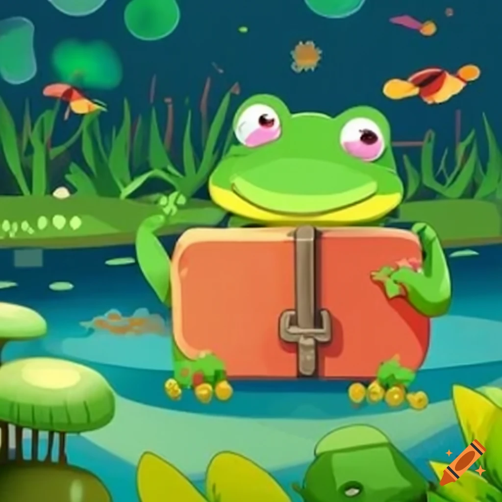 Frog with a suitcase near a pond in a children's storybook style on Craiyon