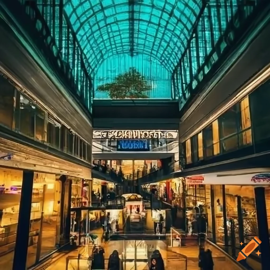 Shopping center with greenery and trees, brand urw visible on Craiyon