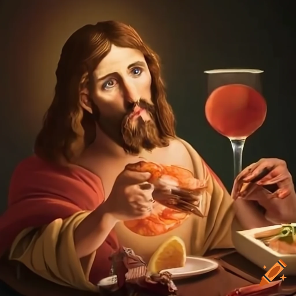 Jesus enjoying shrimp cocktail on good friday on Craiyon