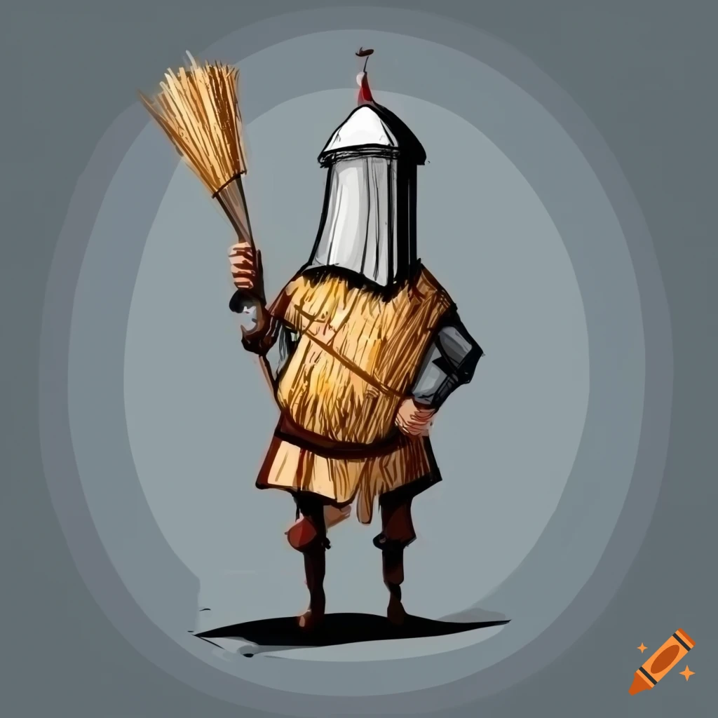 Cartoon of a terrified Medieval townsman holding a straw broom as a ...