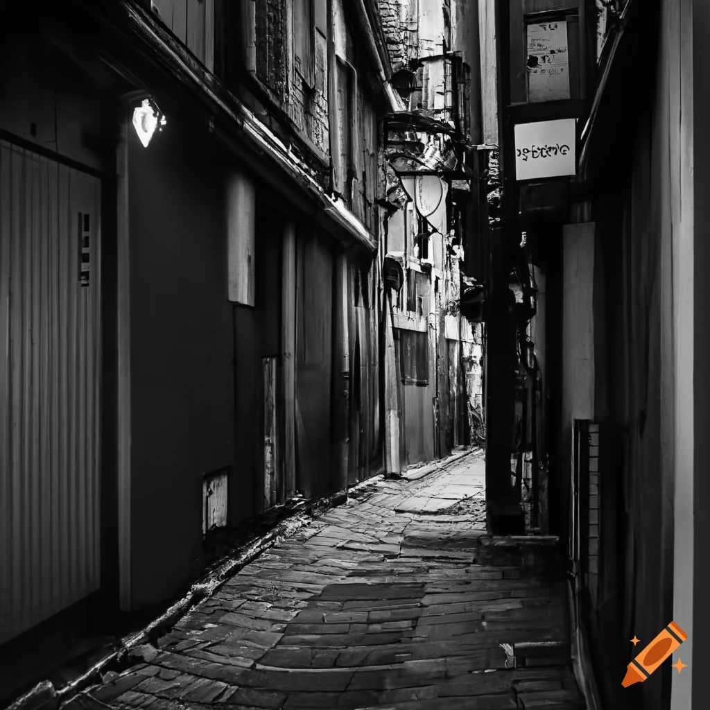 Dark back alley with street lamps in japan captured in black and white ...