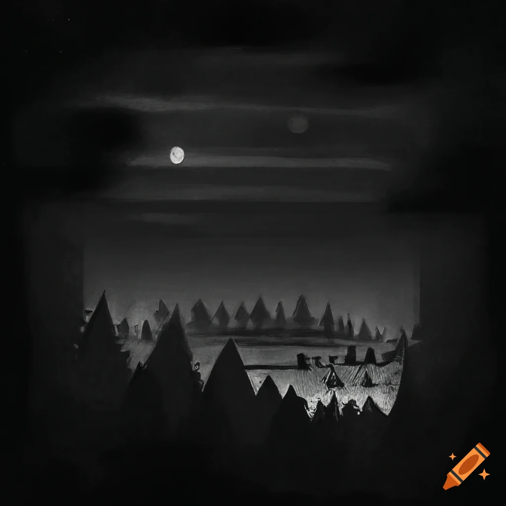 Nighttime valley with village, cottages, and forest in the background ...