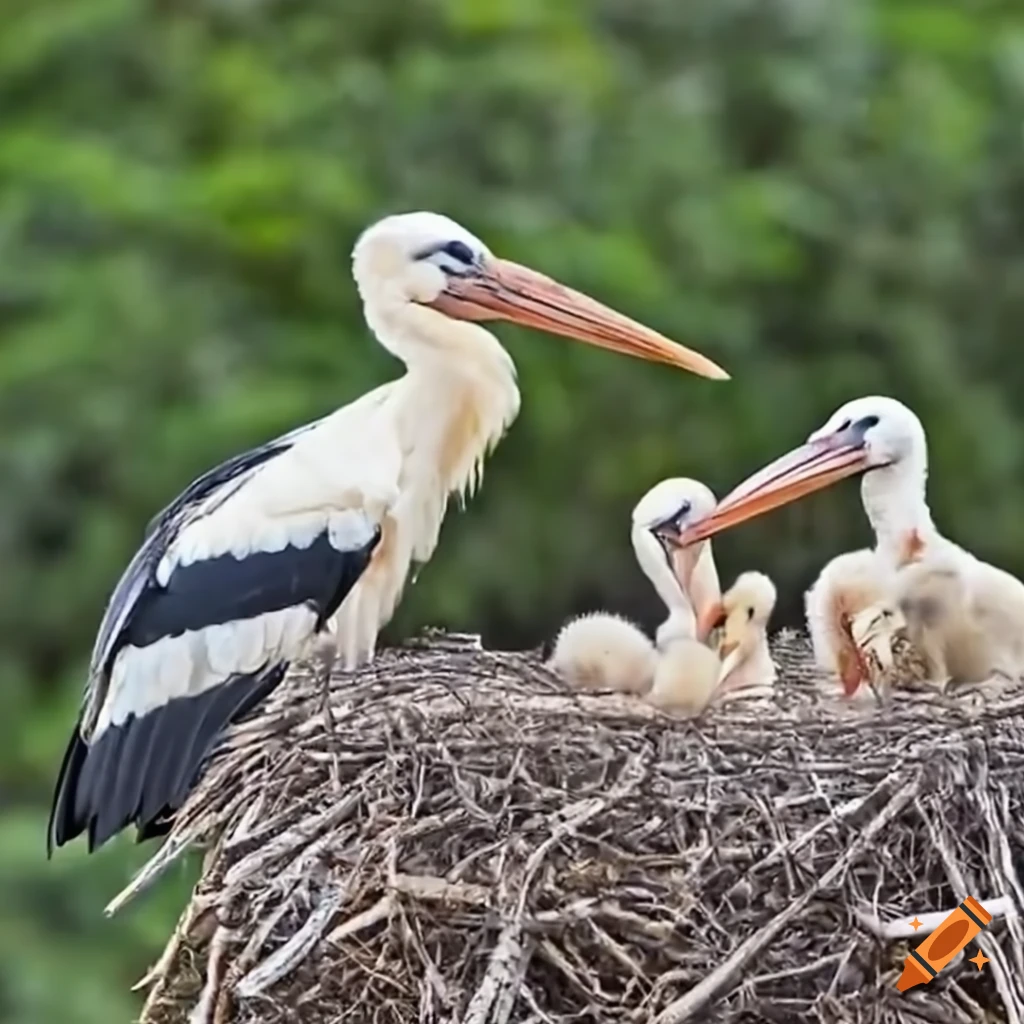 Mother storks caring for young chicks in a nest on Craiyon