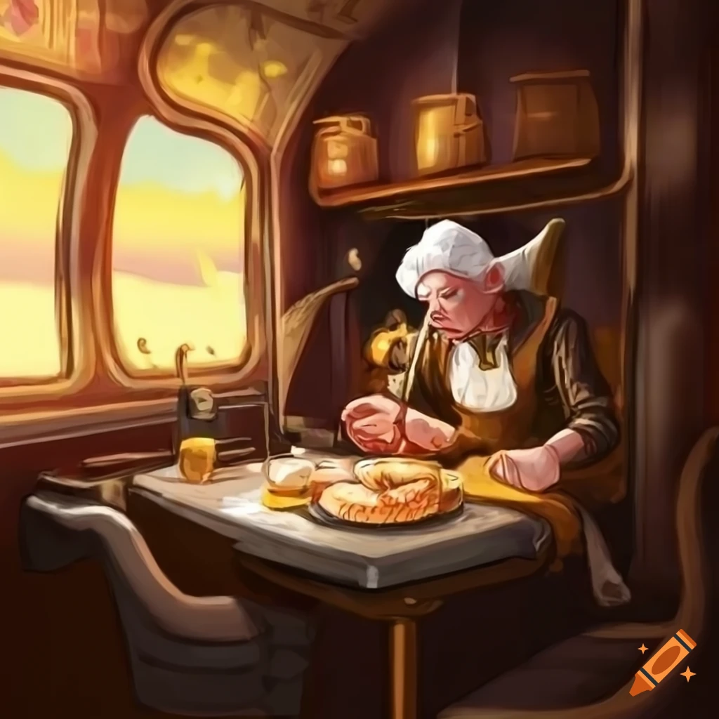 Elf chef cooking in a steampunk train diner car in a fantasy setting on ...