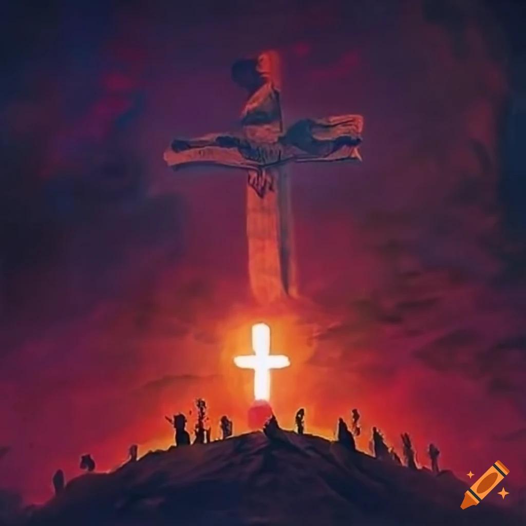 Biblical scene with dark red sky referencing Luke 23:44-45 in the Bible ...
