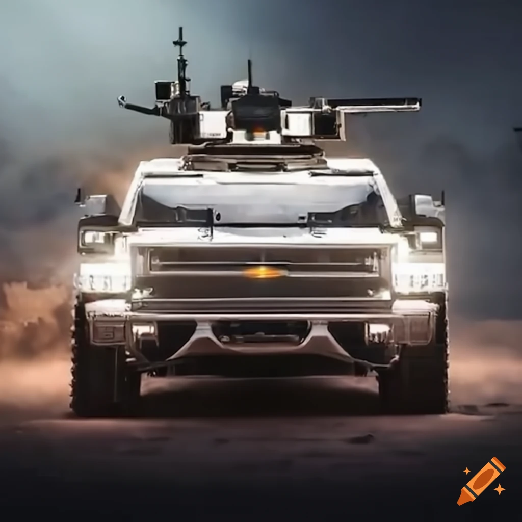 Crossed abrams tank and white 2018 silverado on Craiyon