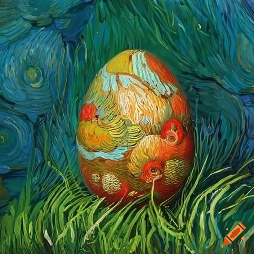 Vibrant Van Gogh-style painted chicken eggs in grass on Craiyon