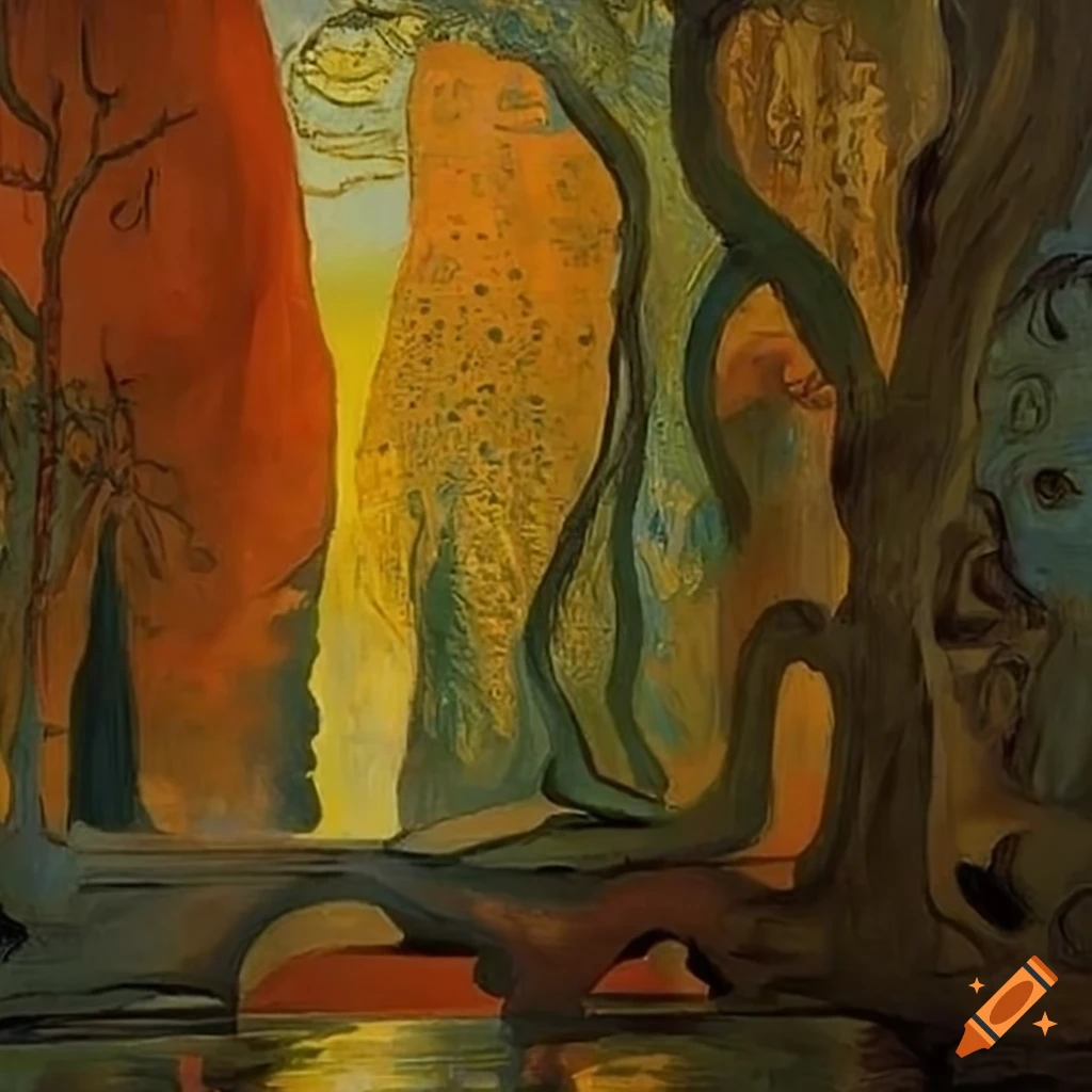 Forest in the style of Gustav Klimt, Salvador Dali, Neo Rauch, and Van Gogh on Craiyon
