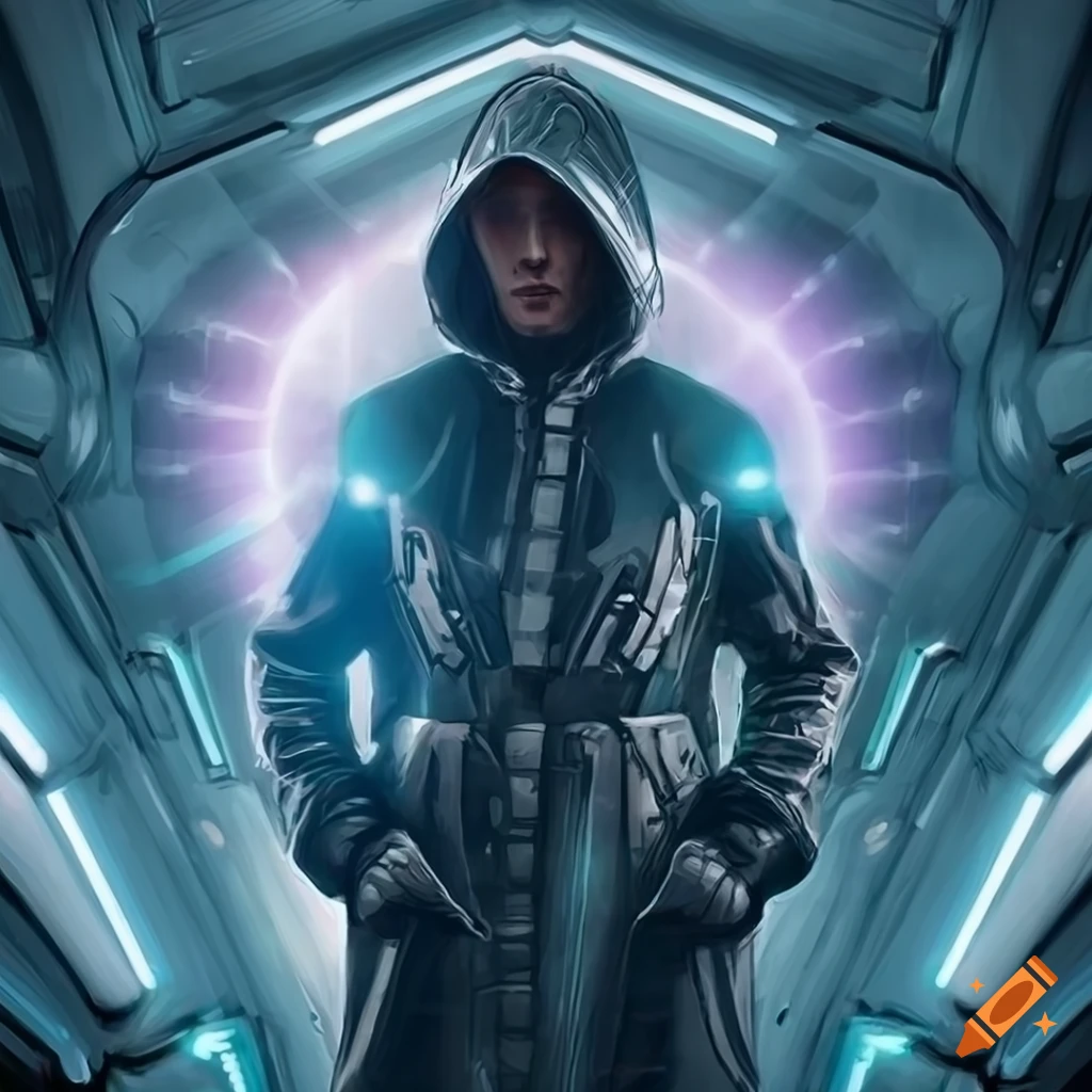Realistic portrait of a male in futuristic robes with magical sparks in ...