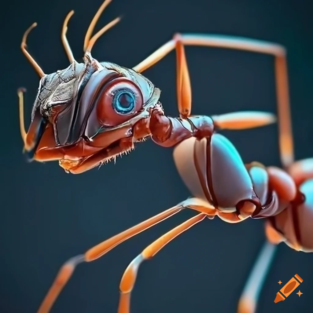 Close-up of intricate details in a biomechanical ant's exoskeleton on Craiyon