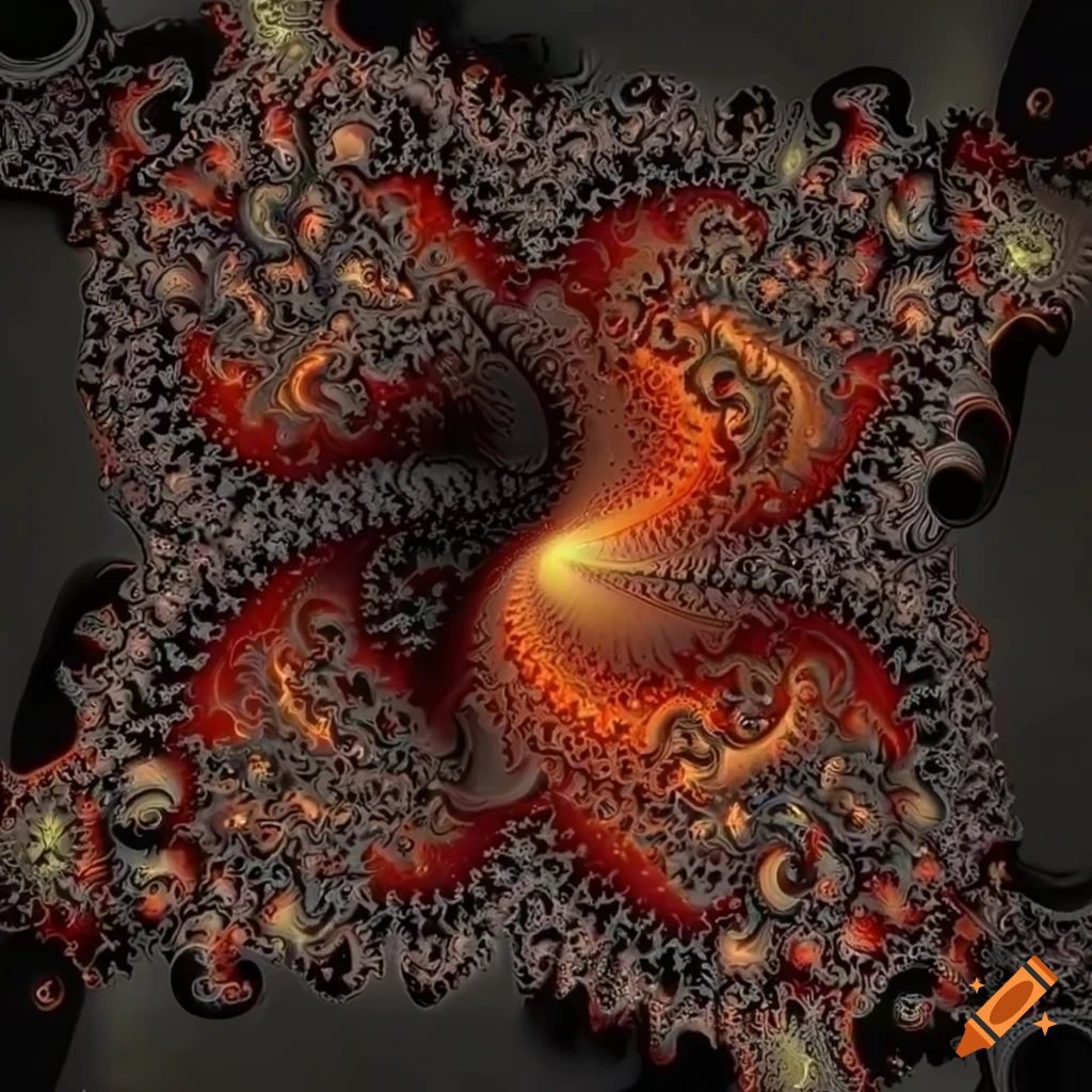Complex brightly colored fractal with black, red, and golden fire ...