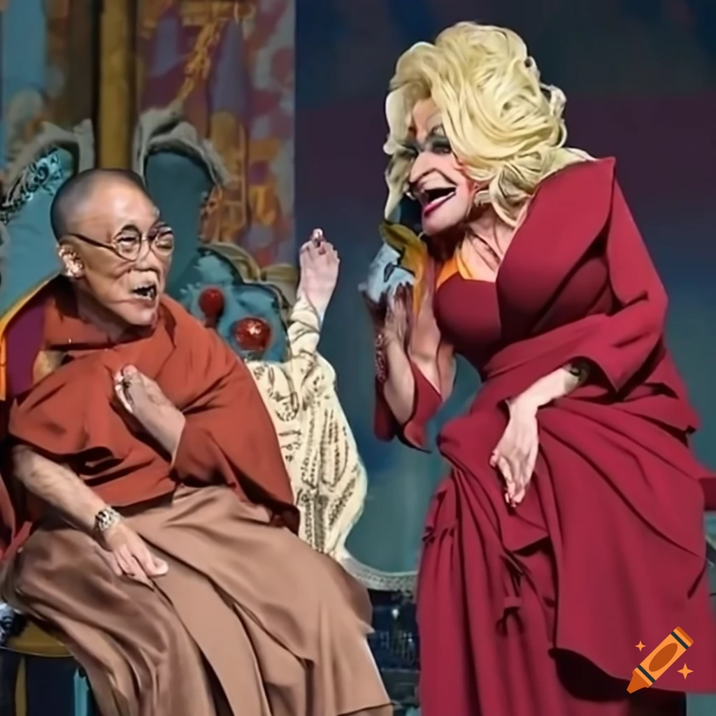 Dolly parton and dalai lama singing on stage in monk robes on Craiyon