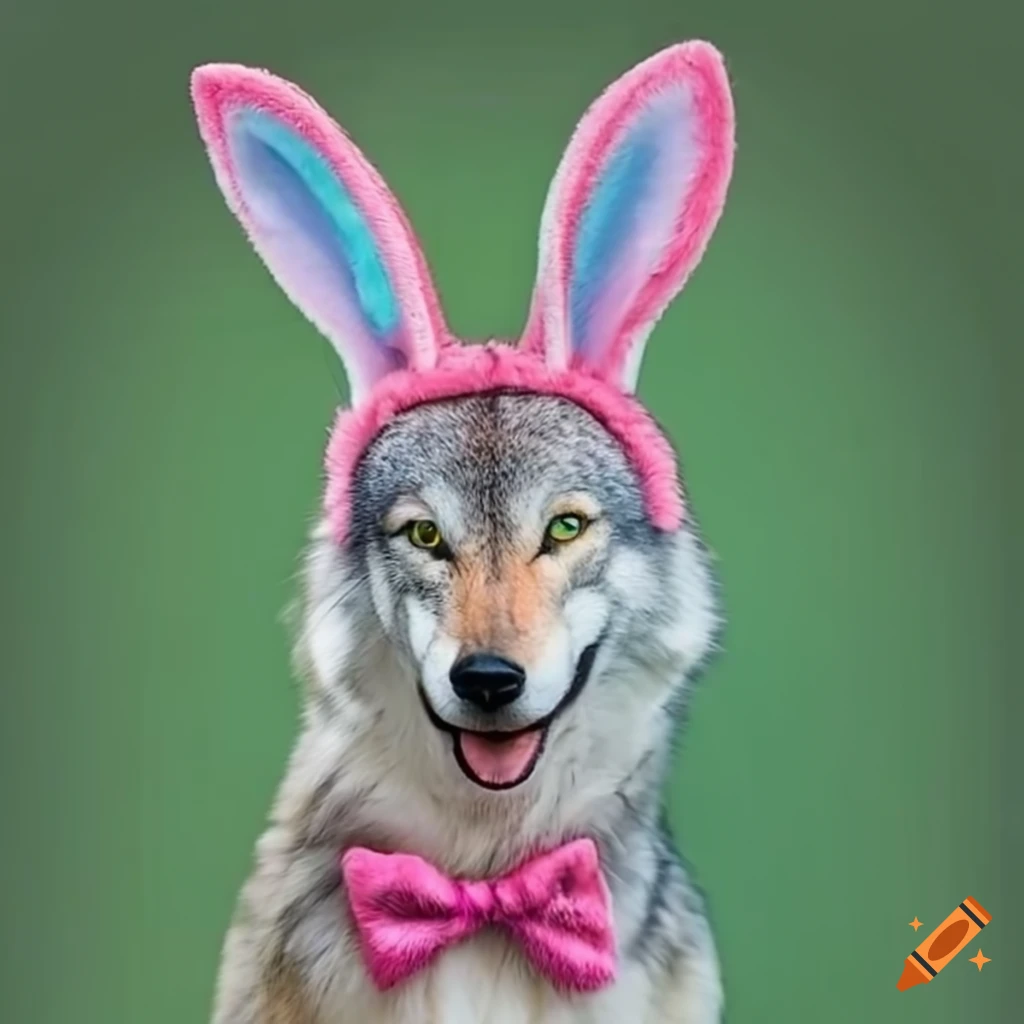 Amusing wolf in easter bunny ears and spring outfit on Craiyon