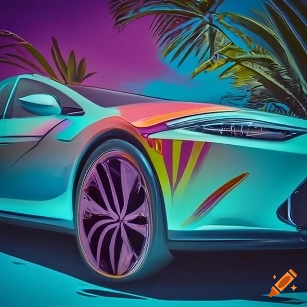 Abstract car design with vibrant tropical beach colors on Craiyon