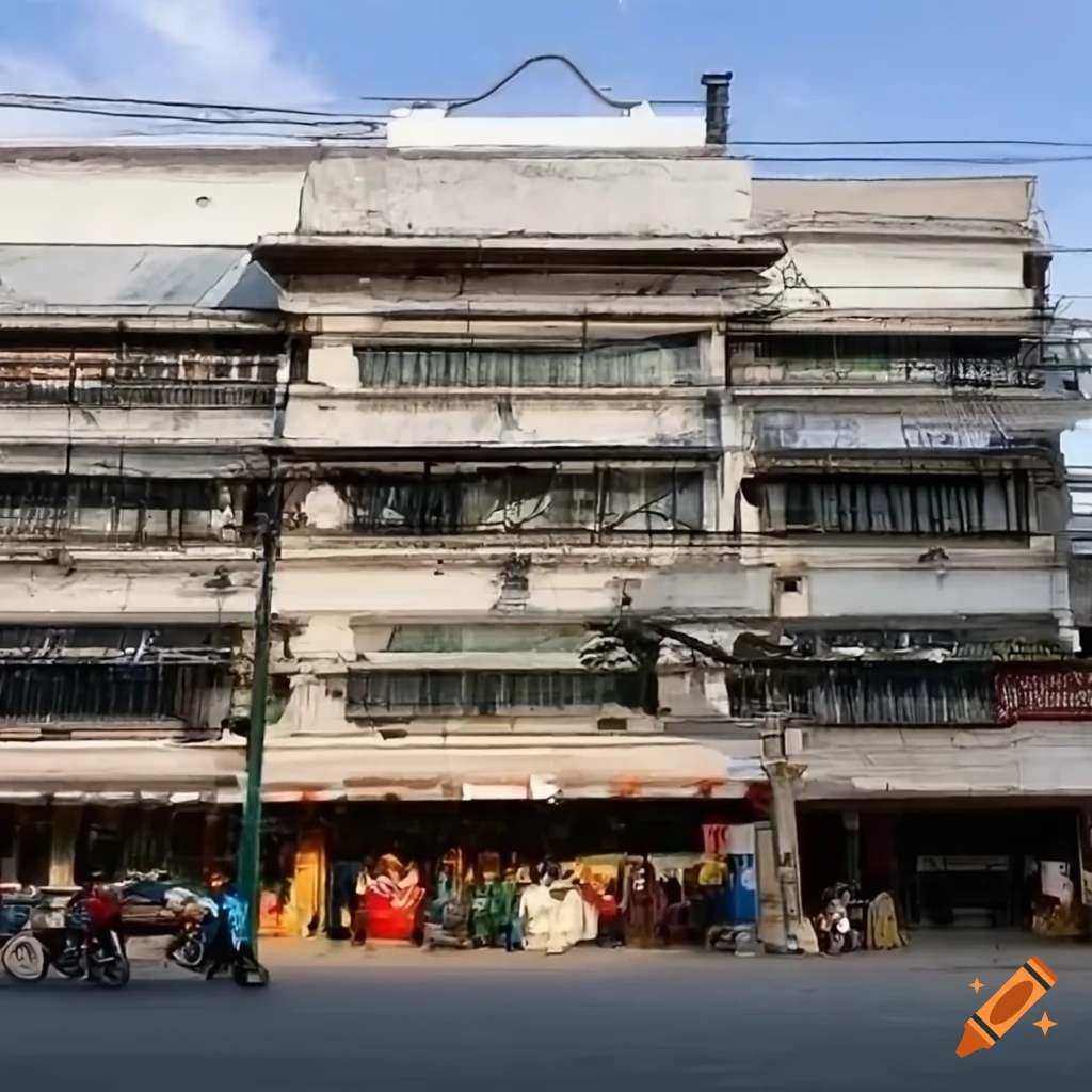 Commercial building with arcaded ground floor and balconies in suburban ...