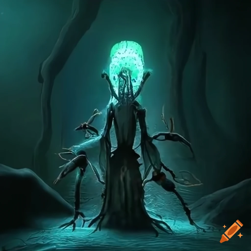 Hooded ant-like lich with glowing staff in an underground passageway on ...