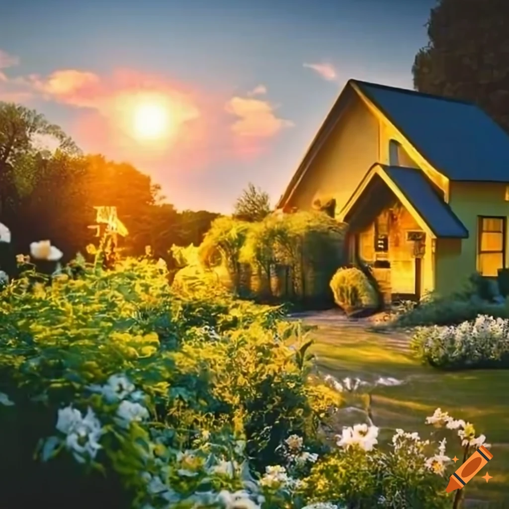 Sunny house with blooming garden transitioning to summer on Craiyon