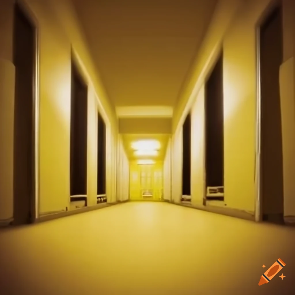 Camcorder screenshot of the backrooms with yellow lighting and multiple ...