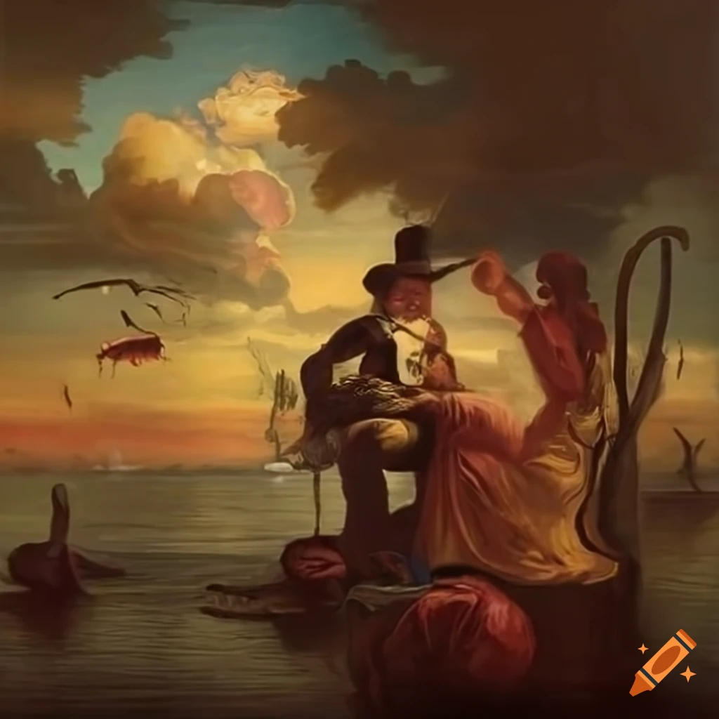 Surrealist scene with imitation fragonard style depicting people ...
