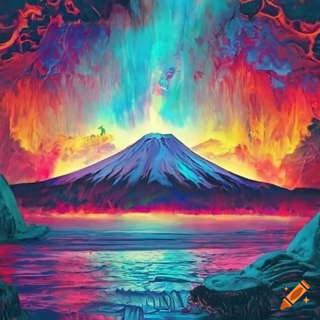 Mount fuji with vibrant fiery backdrop in visionary art on Craiyon