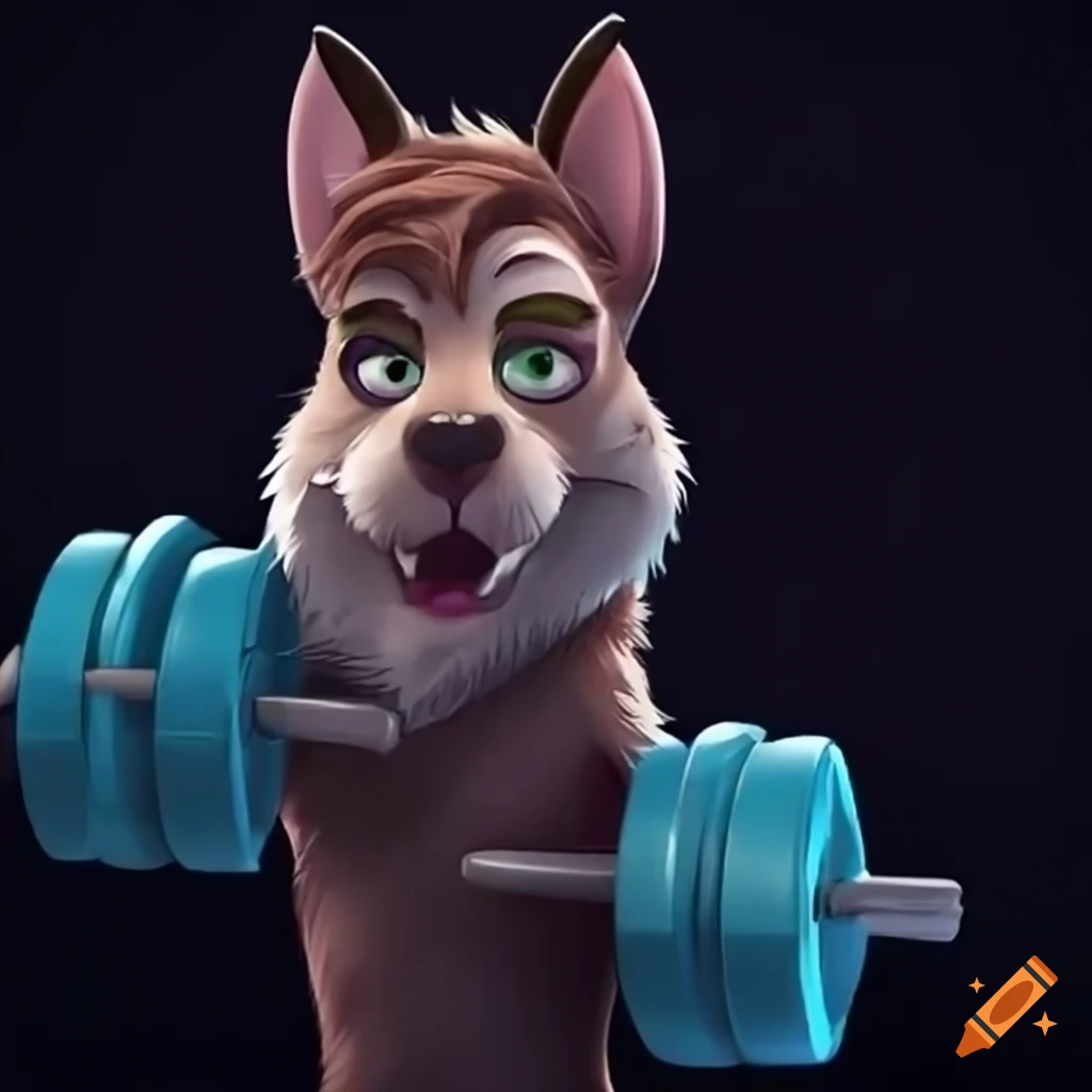 Furry character lifting weights with determined expression on Craiyon