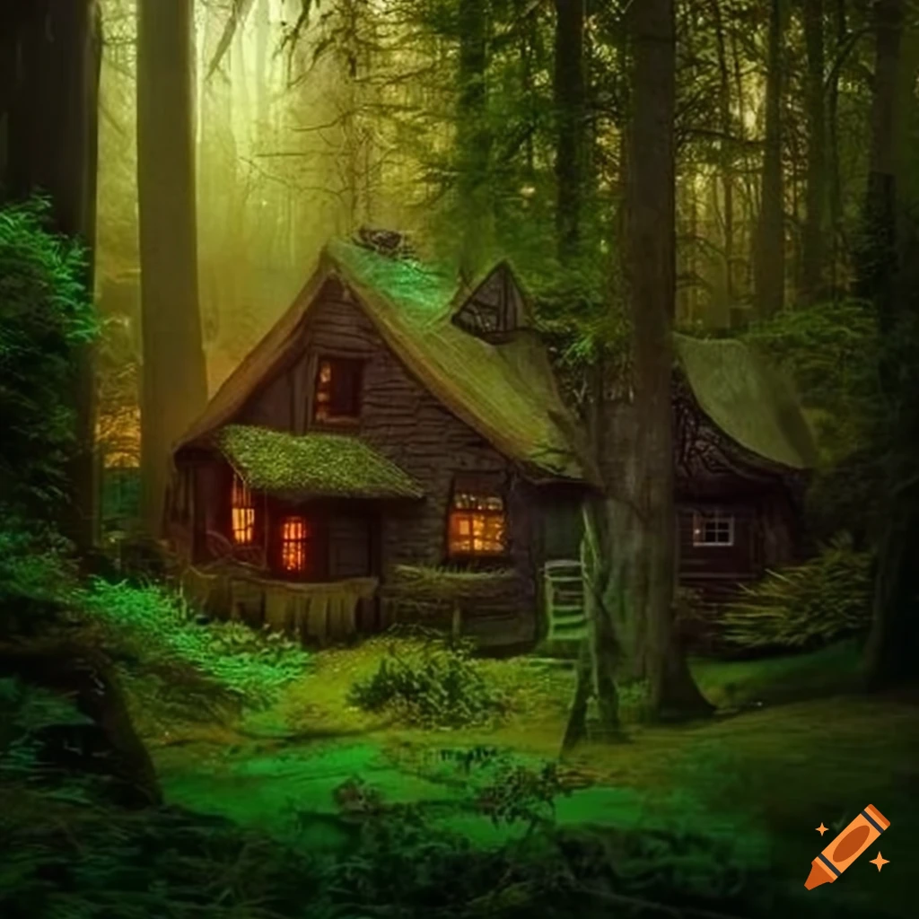 Enchanted forest fantasy cottage with funky lights on Craiyon