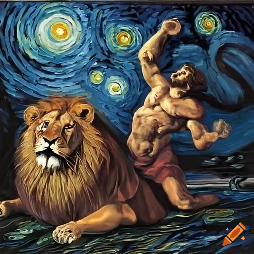 Starry night painting of samson defeating a lion on Craiyon