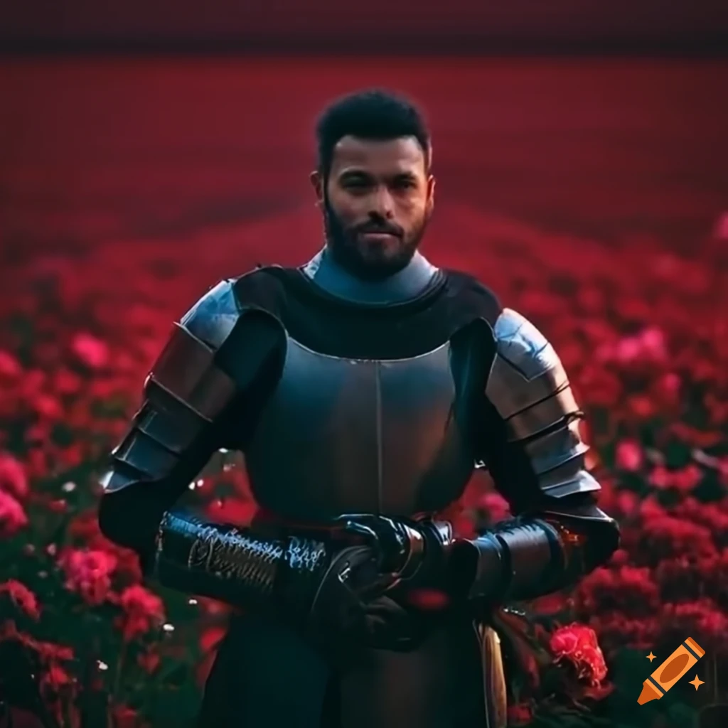 Knight in shining armor standing in a field of red roses on Craiyon