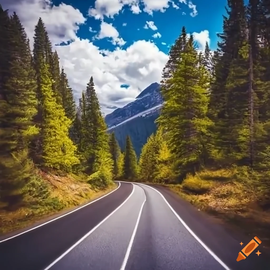 High altitude road in the Rocky Mountains surrounded by pine trees on ...