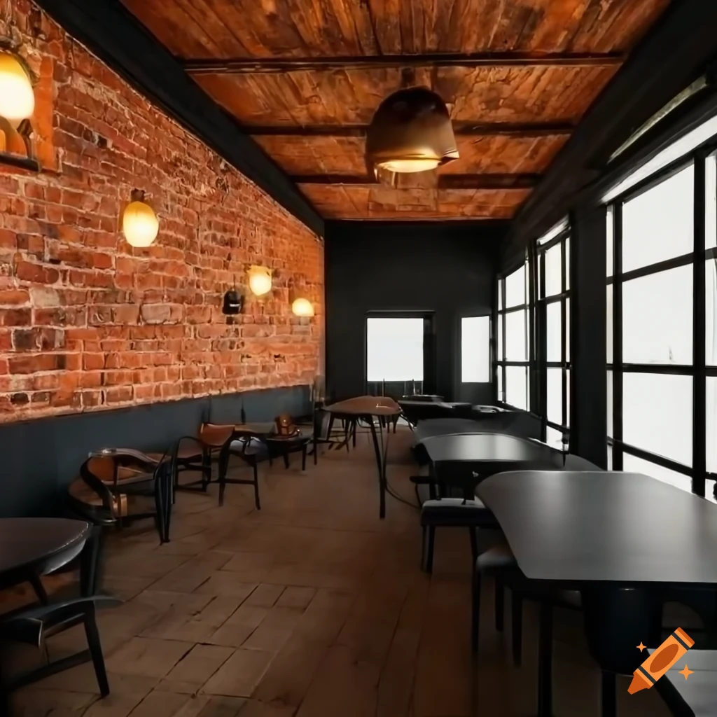 Café with arched windows, brick wall, black booth, and patio with ...