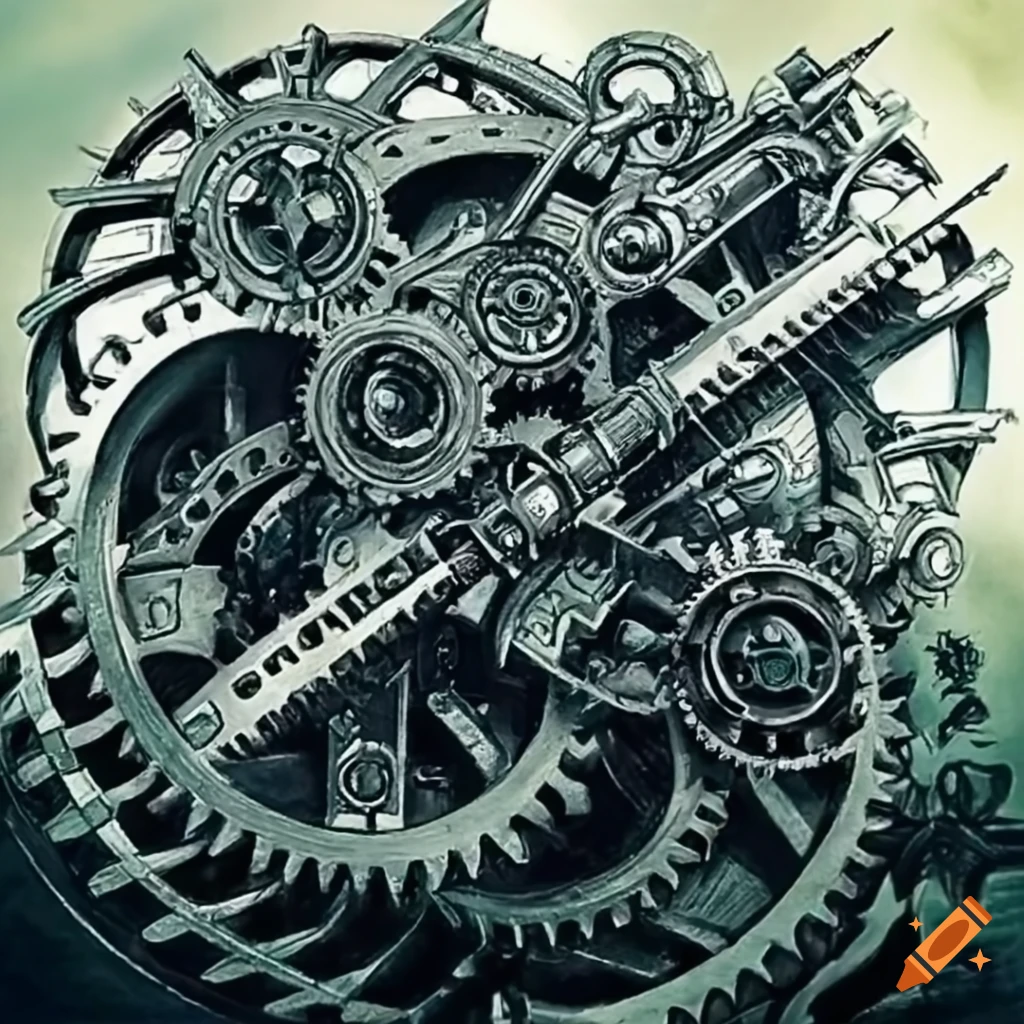 Highly detailed steampunk war machine with twisted gears and vines on ...