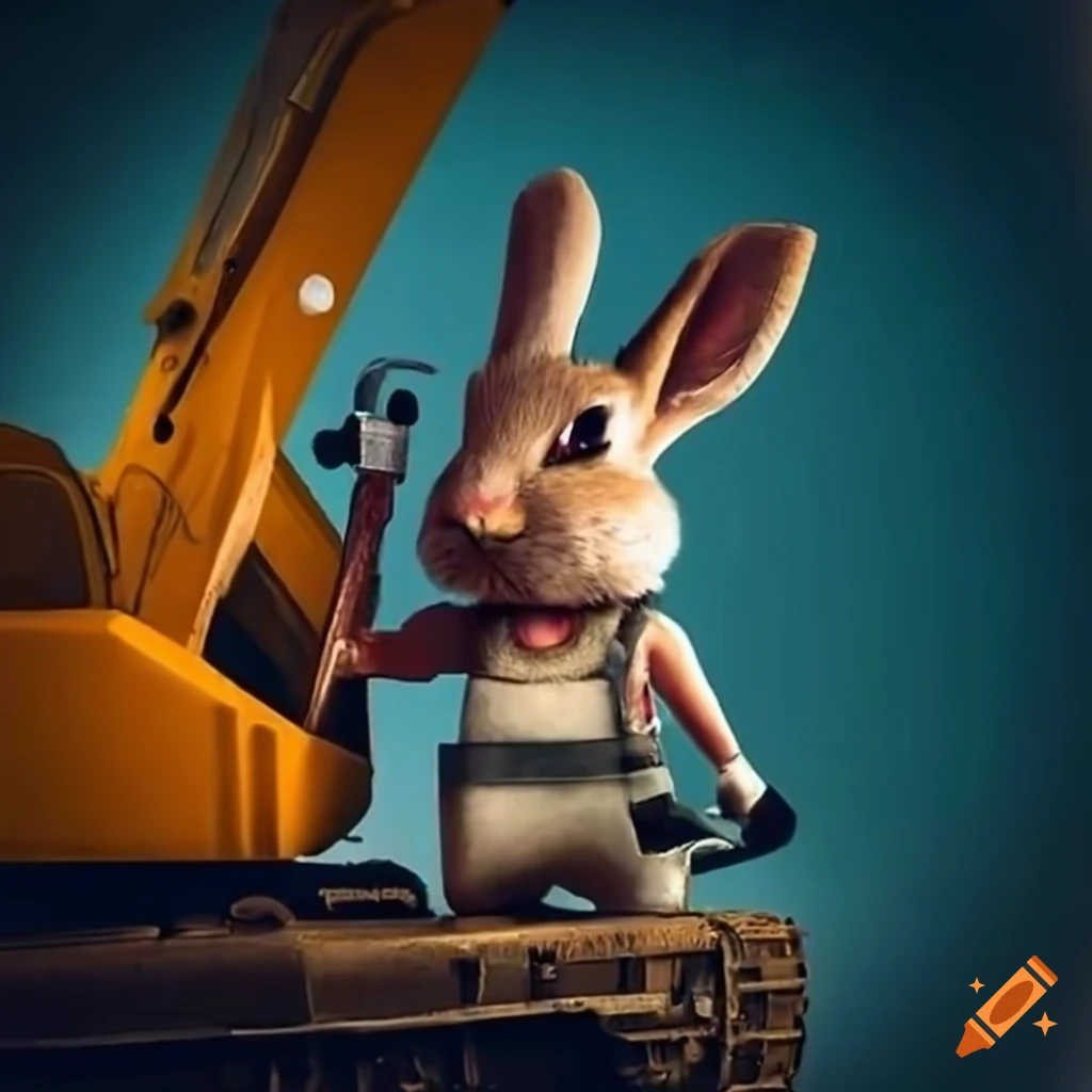 Mechanic bunny fixing an excavator with a wrench on Craiyon