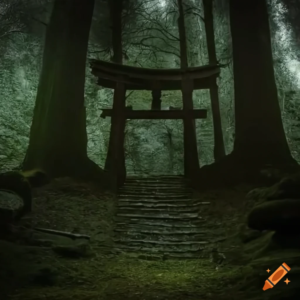 Lonely and dilapidated Japanese torii gate in a dark, grassy forest on ...