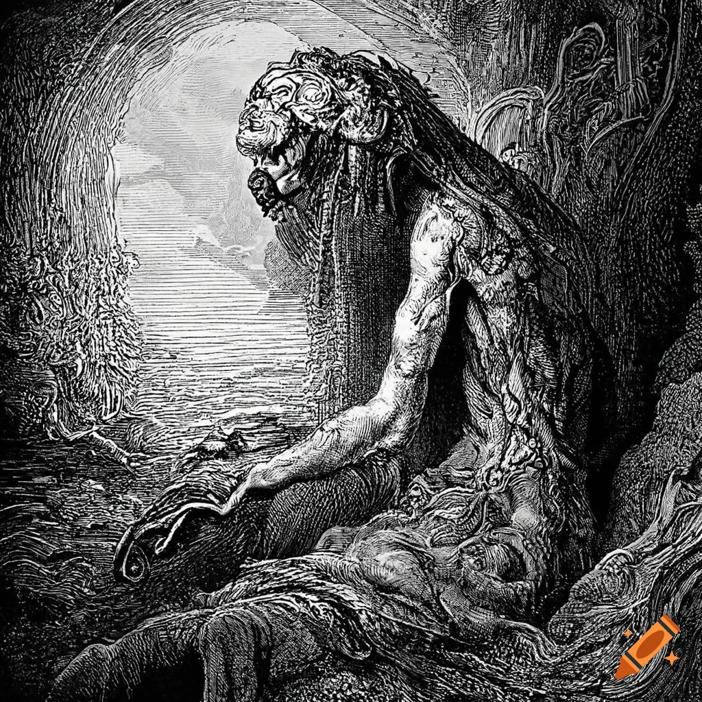Gustave Dore as the deity of time in black and white horror depiction ...
