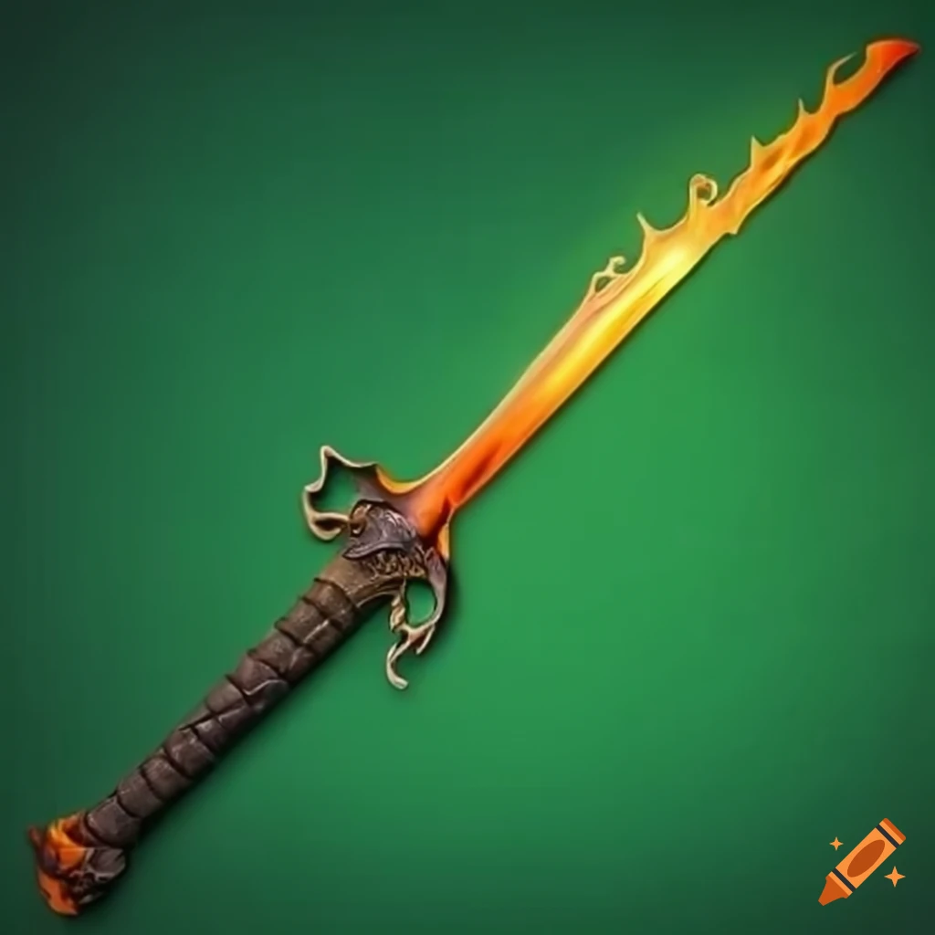 Flaming sword with an orange blade on green background on Craiyon