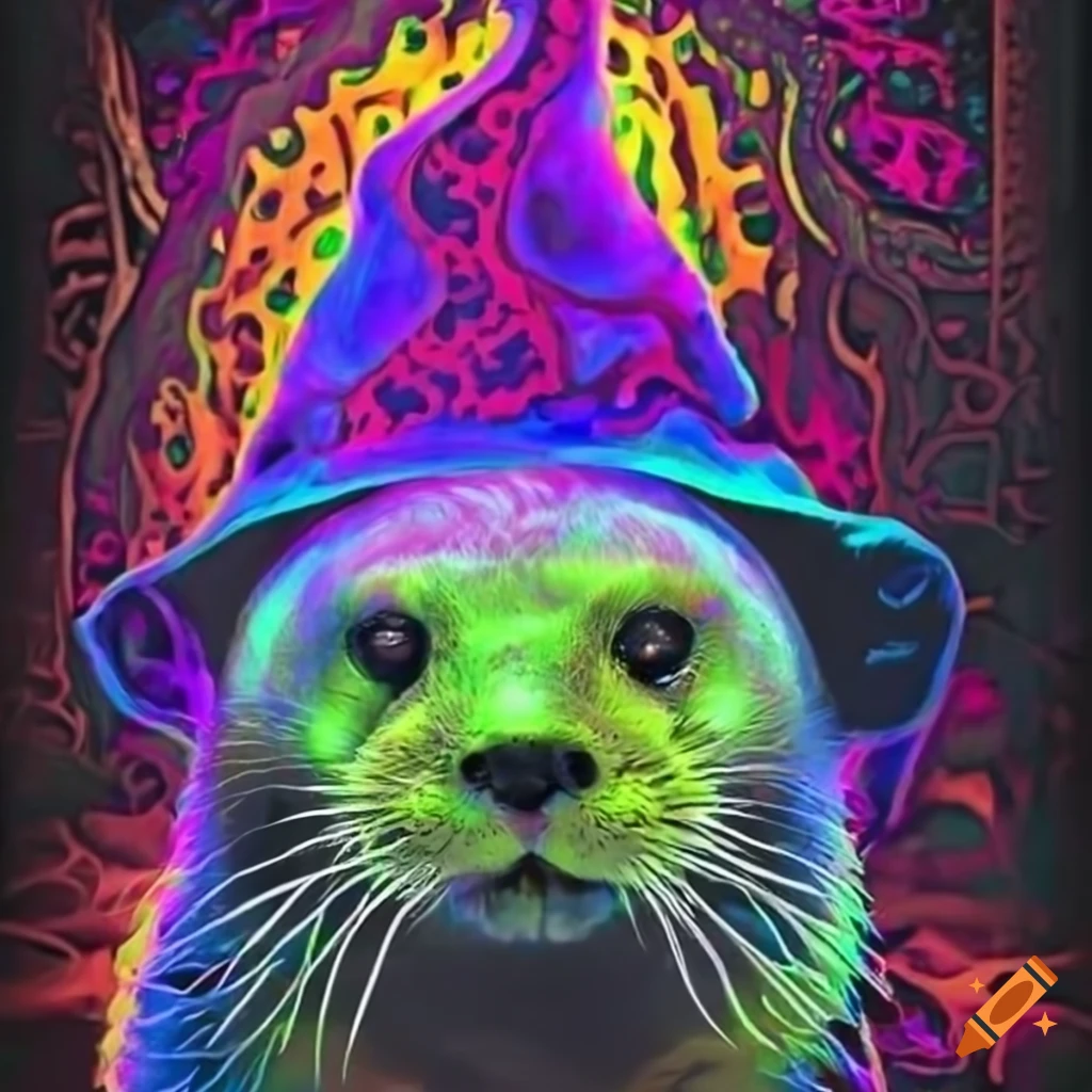 White otter in a wizard hat with a dragon under trippy blacklight on ...