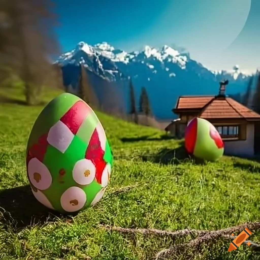 Greenery in switzerland with a beautiful chalet and huge easter eggs on Craiyon