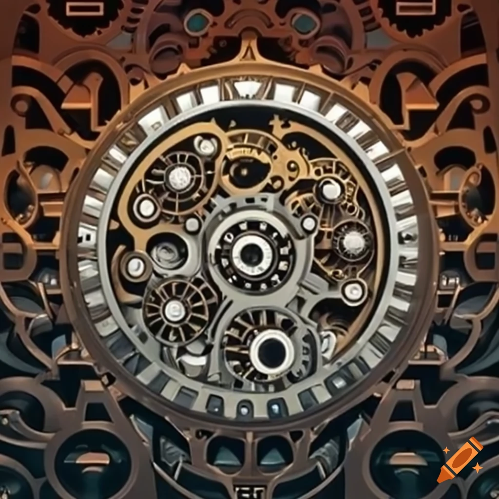 Close-up of intricately designed steampunk machine with twisted gears ...
