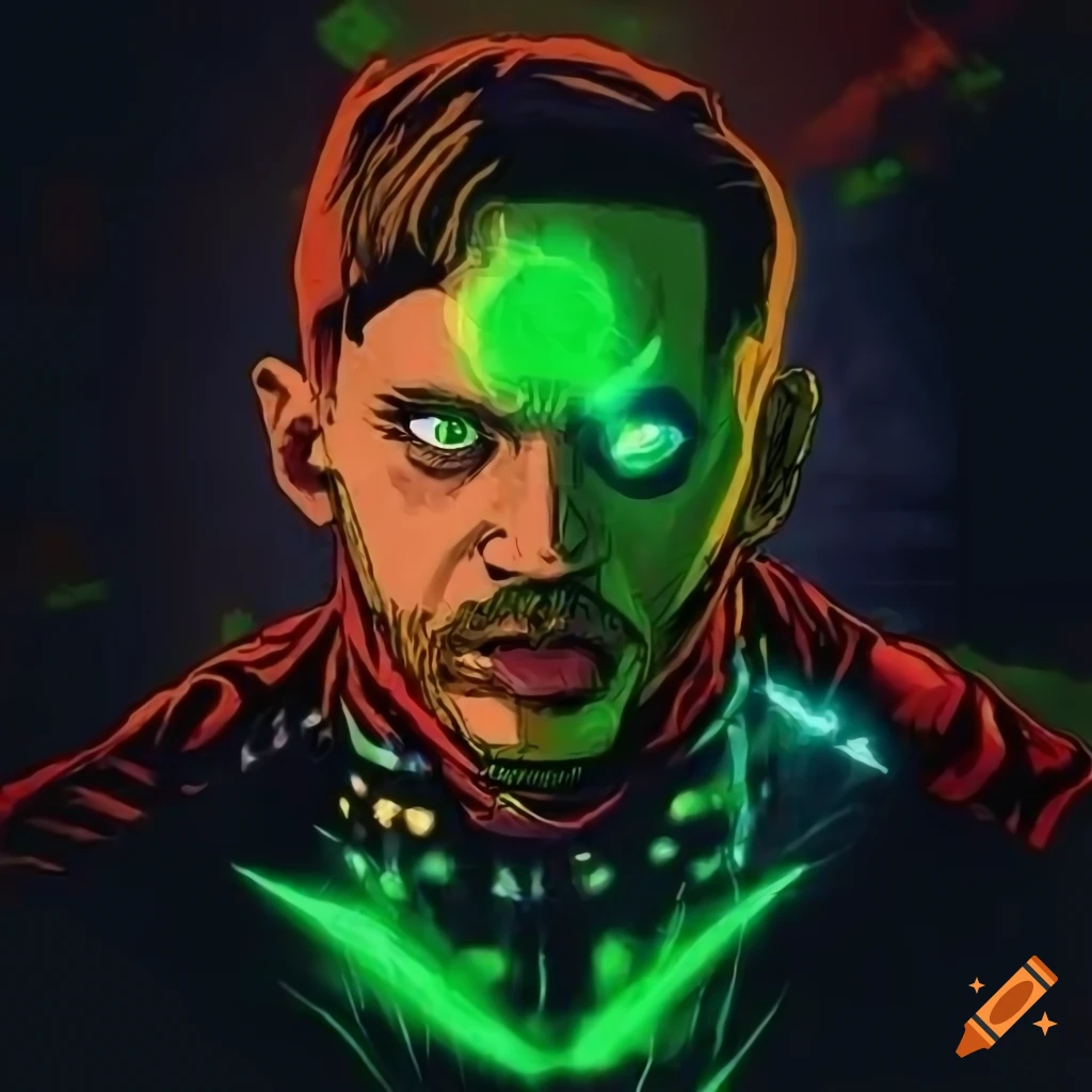 Young Tom Hardy battling Metatron with glowing green eyes in Marvel ...