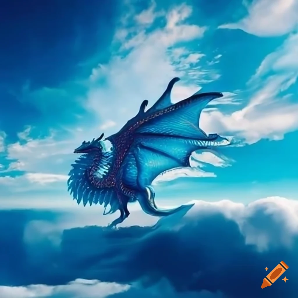 Azure sky with gentle clouds and a flying mythical dragon on Craiyon