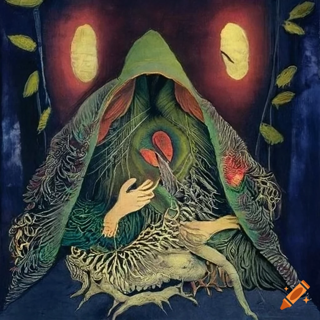 Raven in a wizard's colorful peacock-feather cloak under the moonlight ...
