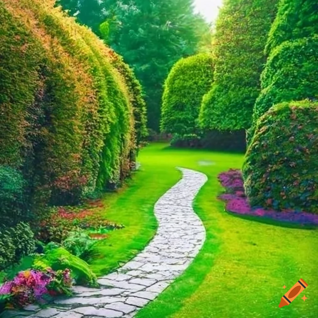 Elegant magical park with gravel paths, green lawns, ornamental trees ...