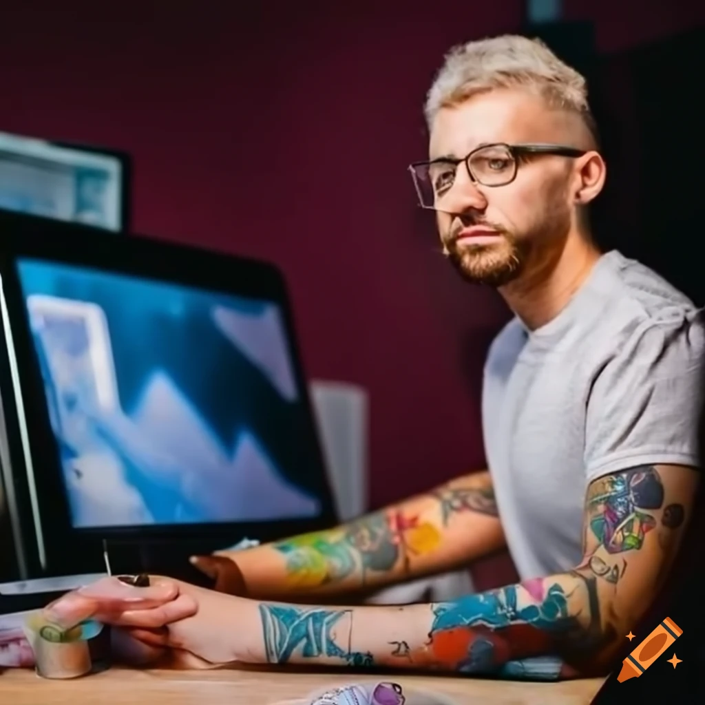 Creative graphic designer at workstation with glasses and tattoos on ...
