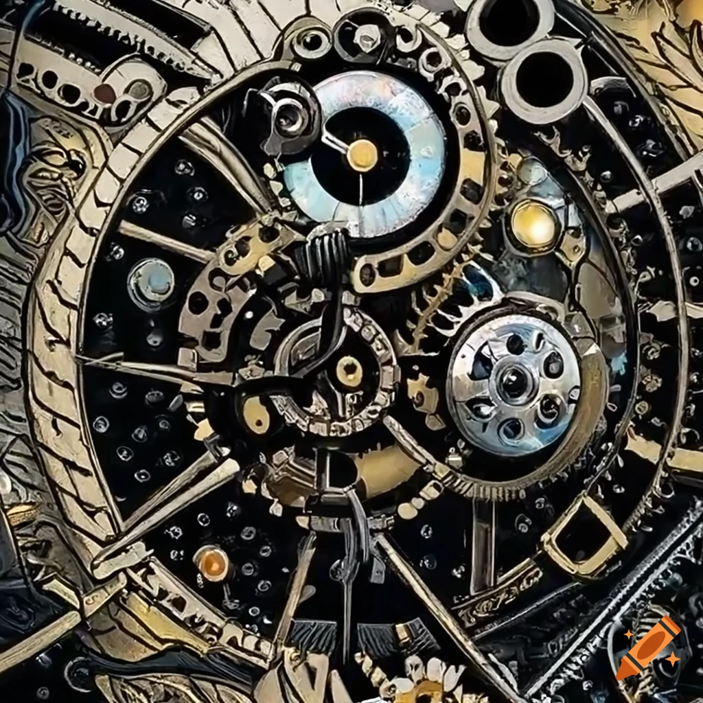 Close-up of intricately designed steampunk machine with twisted gears ...