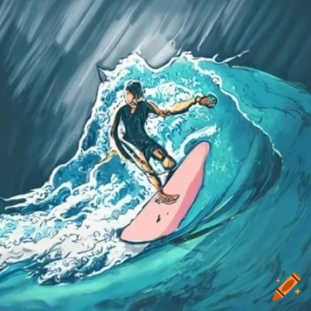 Surfer riding a big wave in manga style on Craiyon