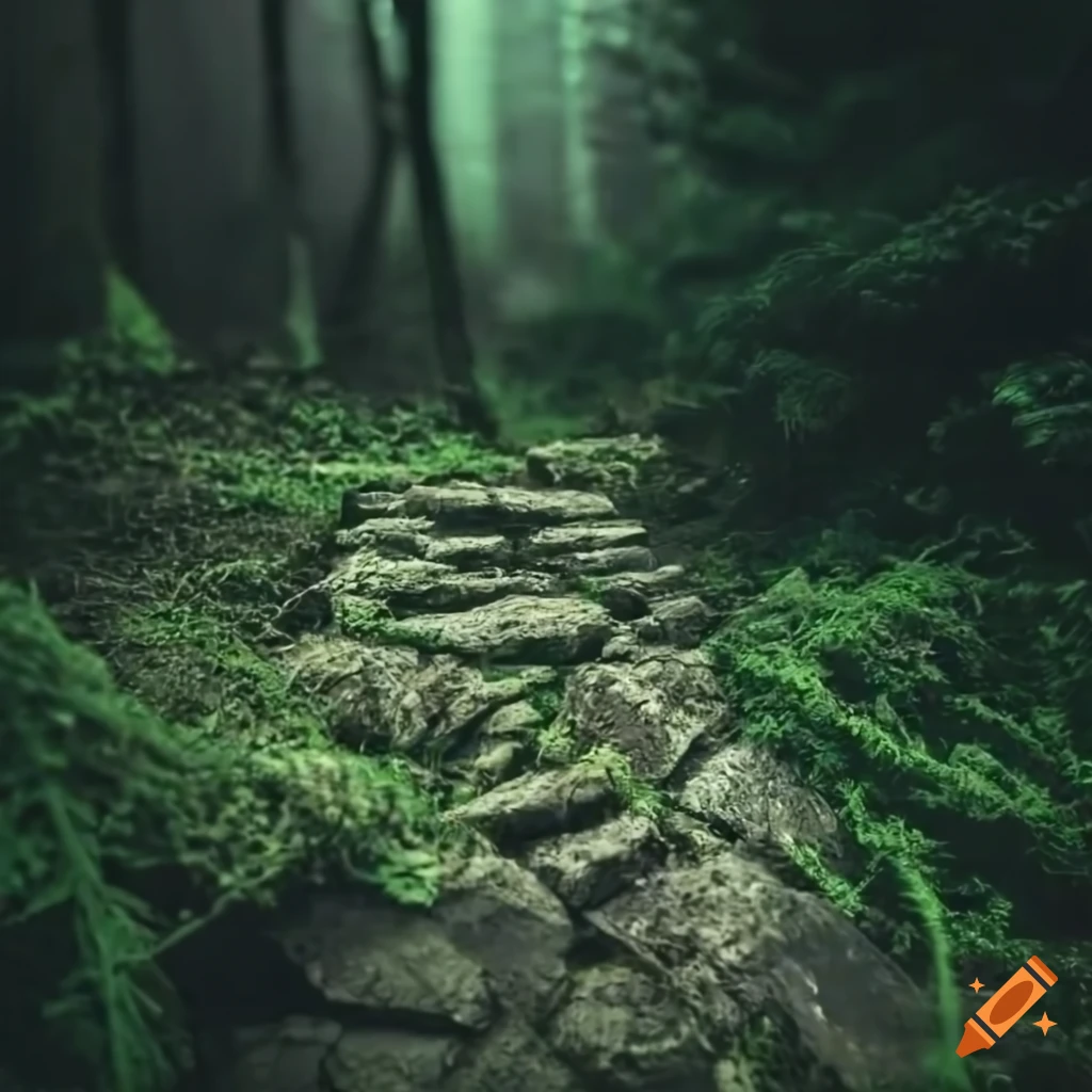 Desolate night forest with broken stone steps and eerie atmosphere on ...
