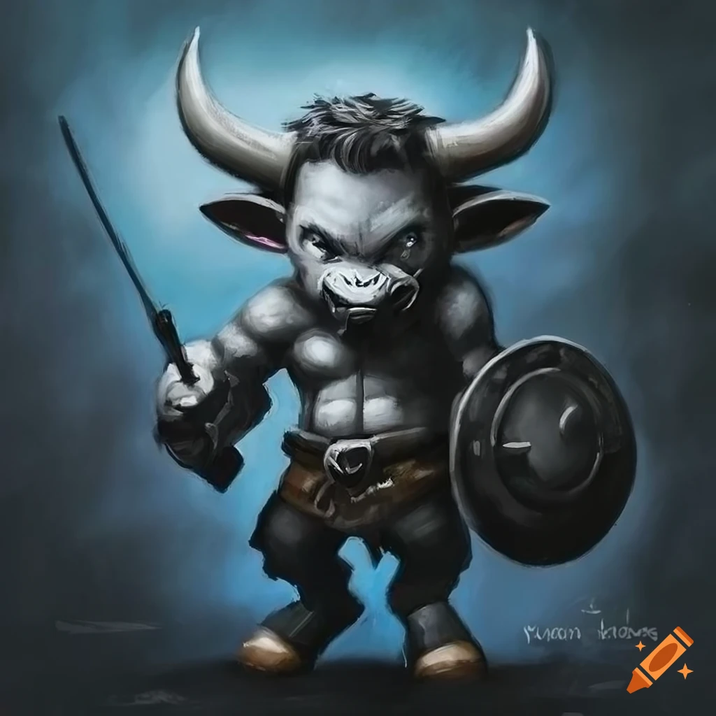 Cute minotaur child in full figure, charcoal drawing in simon bisley ...