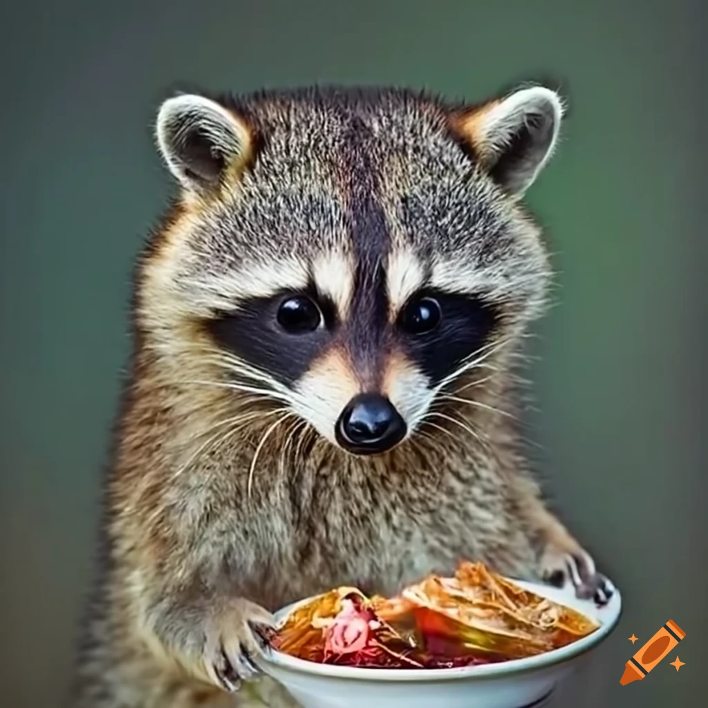 Playful raccoon enjoys a bowl of traditional rangoon delicacy on Craiyon