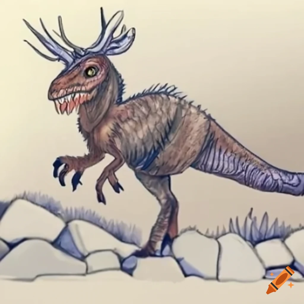 Velociraptor-moose hybrid proudly standing on a rocky plain on Craiyon