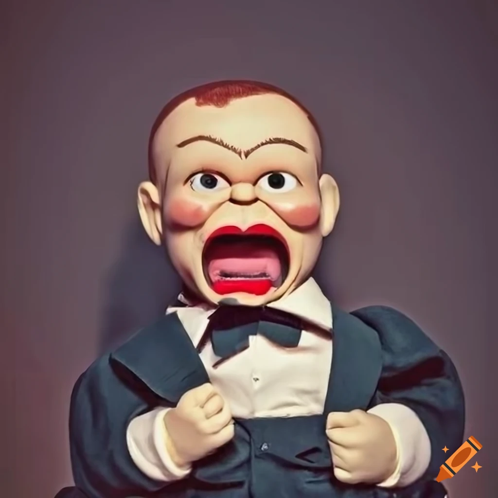 Angry ventriloquist doll screaming in retro colors on Craiyon
